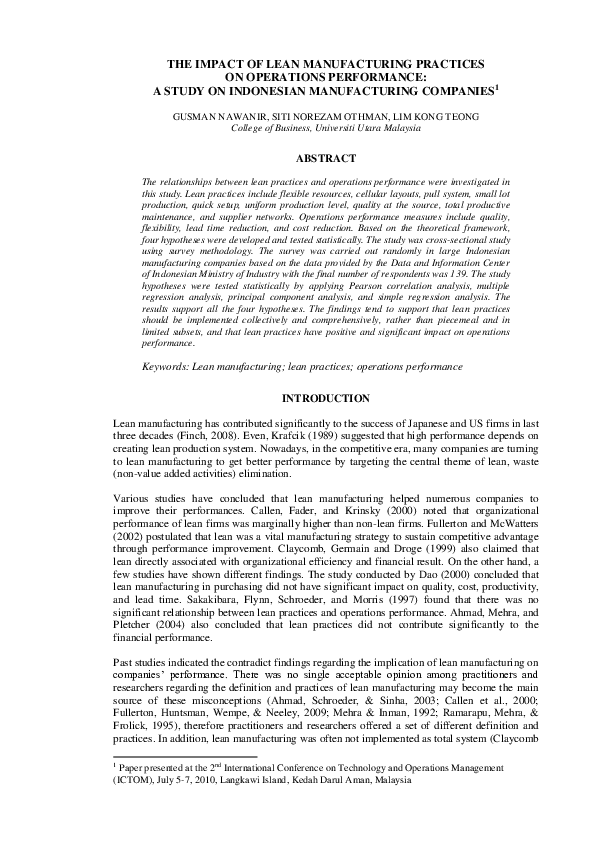 The impact of lean manufacturing practices on operations performance: A study on Indonesian ...