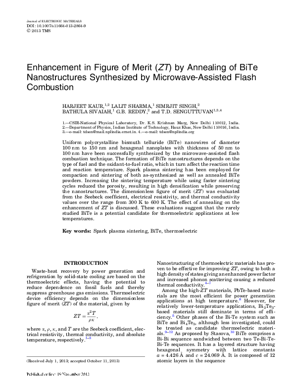 (PDF) Enhancement in Figure of Merit (ZT) by Annealing of BiTe Nanostructures Synthesized by ...