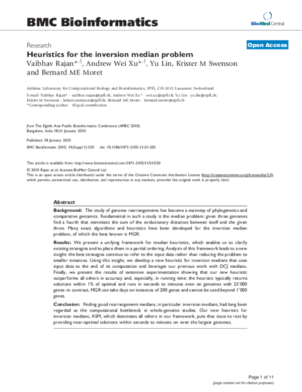 (PDF) Heuristics for the inversion median problem