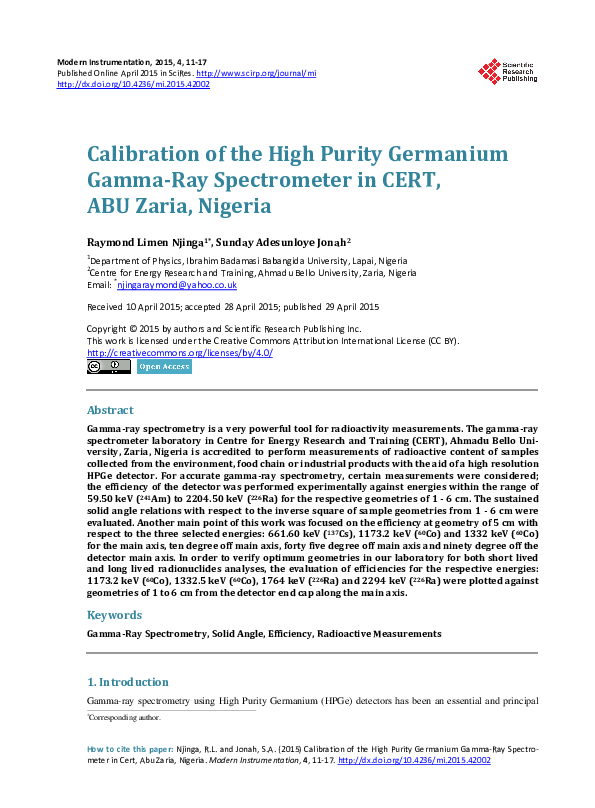 (PDF) Calibration of the High Purity Germanium Gamma-Ray Spectrometer ...