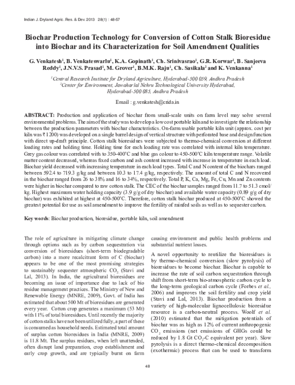 (PDF) Biochar Production Technology for Conversion of Cotton Stalk ...