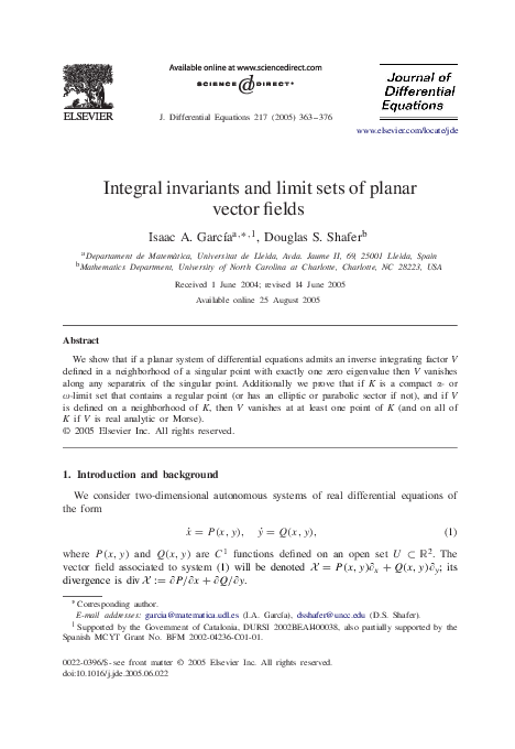 (PDF) Integral invariants and limit sets of planar vector fields