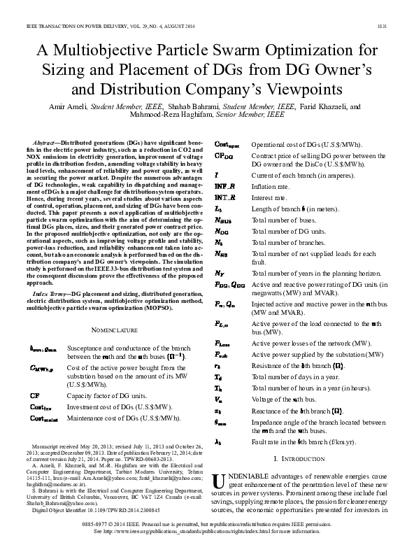 (PDF) A Multiobjective Particle Swarm Optimization for Sizing and Placement of DGs from DG Owner ...