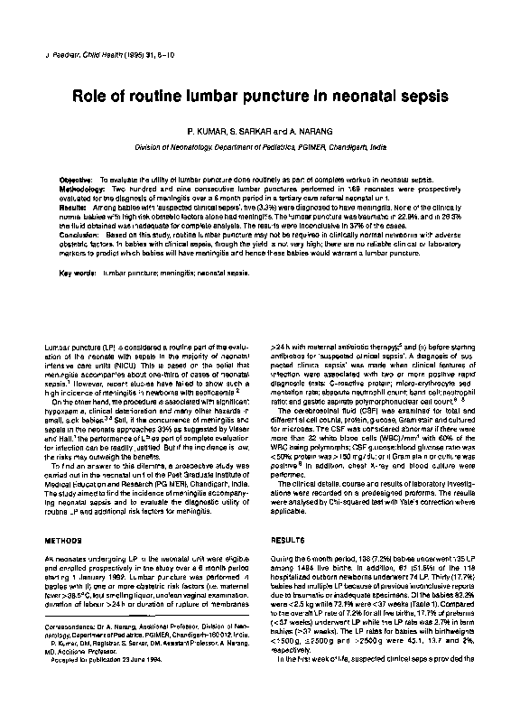 (PDF) Role of routine lumbar puncture in neonatal sepsis