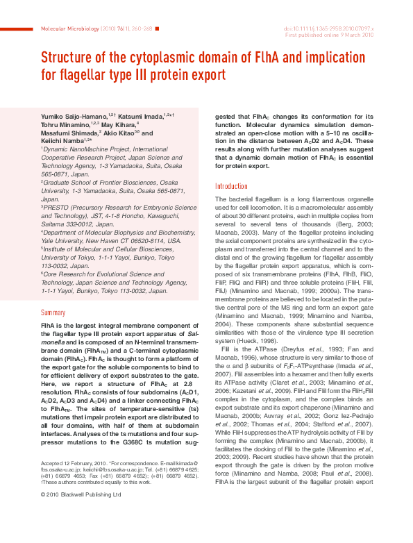 (PDF) Structure of the cytoplasmic domain of FlhA and implication for ...