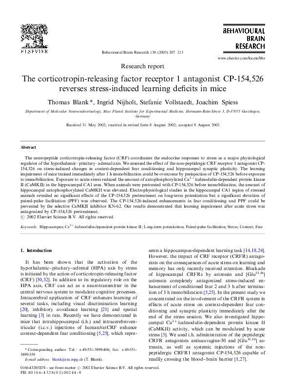 (PDF) The corticotropin-releasing factor receptor 1 antagonist CP-154,526 reverses stress ...