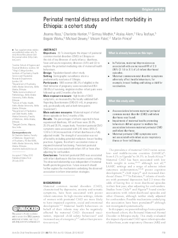 (PDF) Perinatal mental distress and infant morbidity in Ethiopia: a ...