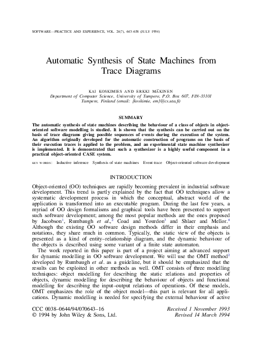 (PDF) Automatic synthesis of state machines from trace diagrams