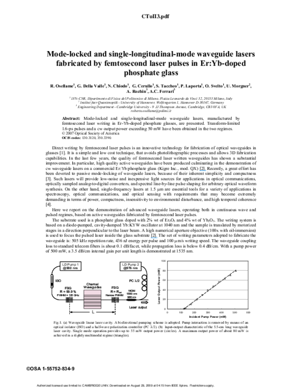(PDF) Mode-locked and single-longitudinal-mode waveguide lasers fabricated by femtosecond laser ...