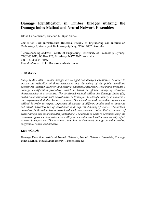 (PDF) Damage identification in timber bridges utilising the damage index method and neural ...