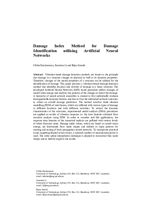 (PDF) Damage index method for damage identification utilising artificial neural networks