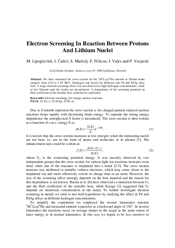 (PDF) Electron Screening in Reaction Between Protons and Lithium Nuclei