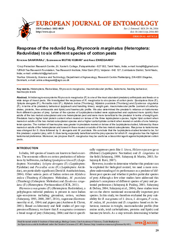 (PDF) Response of the reduviid bug, Rhynocoris marginatus (Heteroptera ...
