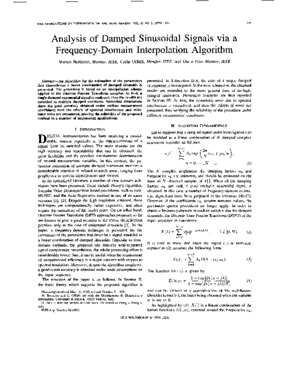 Pdf Analysis Of Damped Sinusoidal Signals Via A Frequency Domain Interpolation Algorithm