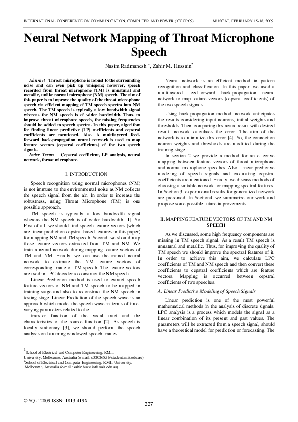 (PDF) Neural Network Mapping of Throat Microphone Speech