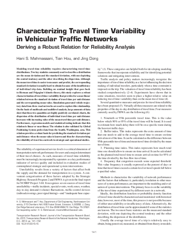(PDF) Characterizing Travel Time Variability in Vehicular Traffic Networks