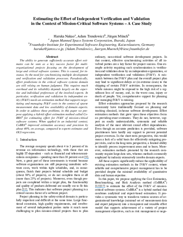 Pdf Estimating The Effort Of Independent Verification And Validation