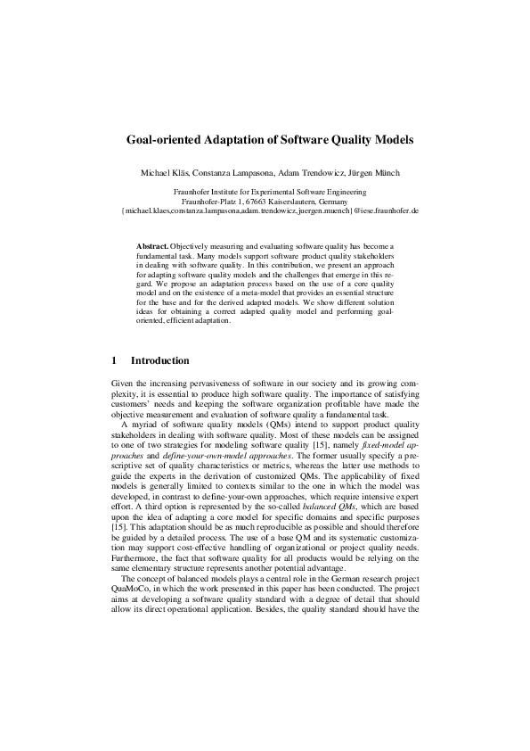 (PDF) Goal-oriented adaptation of software quality models