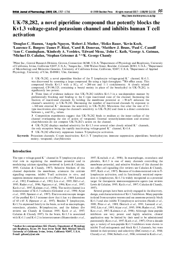 (PDF) UK-78,282, a novel piperidine compound that potently blocks the ...