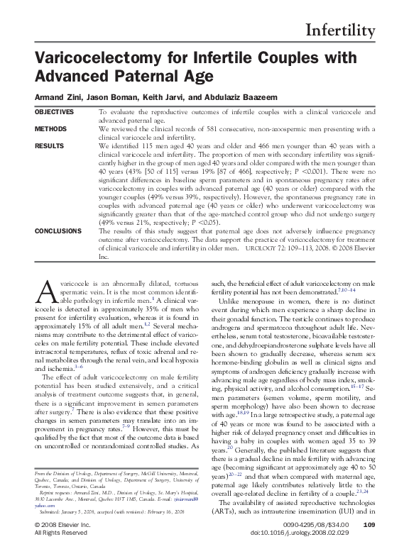 (PDF) Varicocelectomy for infertile couples with advanced paternal age