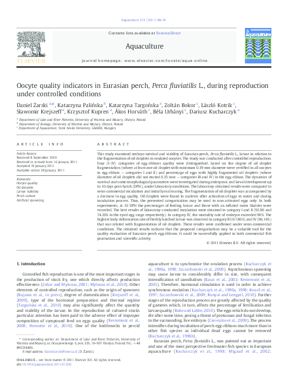 (PDF) Oocyte quality indicators in Eurasian perch, Perca fluviatilis L ...