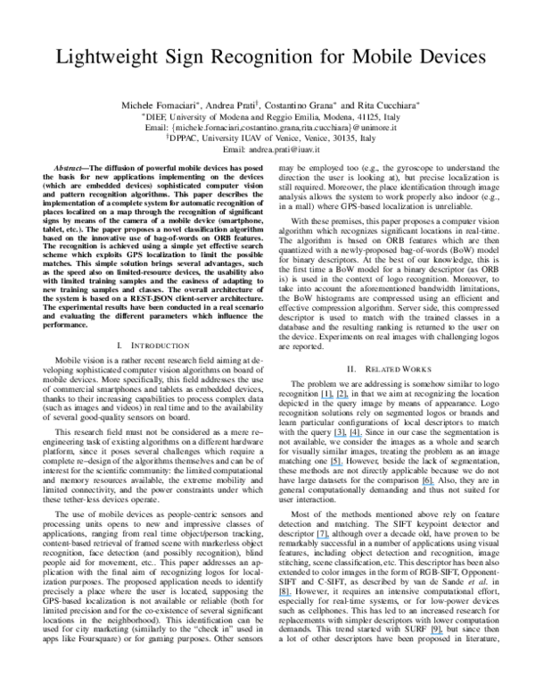 (PDF) Lightweight sign recognition for mobile devices