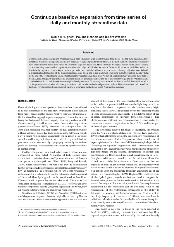 Pdf Continuous Baseflow Separation From Time Series Of Daily And Monthly Streamflow Data