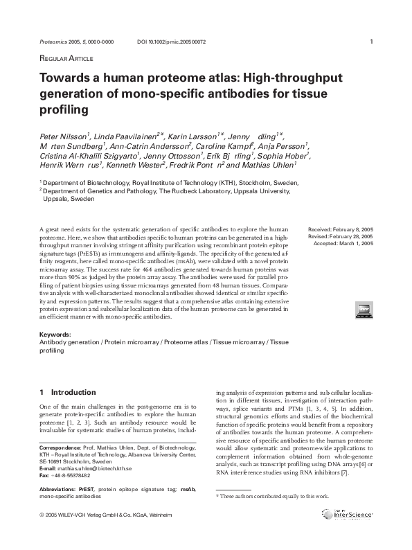 (PDF) Towards a human proteome atlas: High-throughput generation of mono-specific antibodies for ...