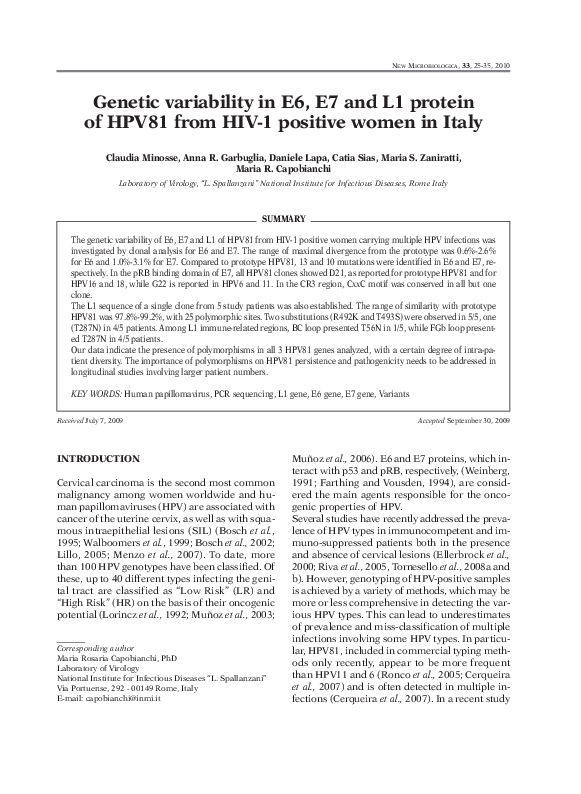 (PDF) Genetic variability in E6, E7 and L1 protein of HPV81 from HIV-1 positive women in Italy