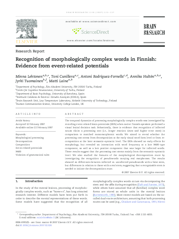 (PDF) Recognition of morphologically complex words in Finnish: Evidence ...
