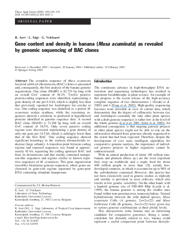 (PDF) Gene content and density in banana ( Musa acuminata ) as revealed by genomic sequencing of ...