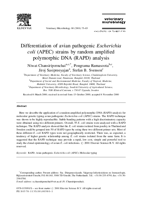 (PDF) Differentiation of avian pathogenic Escherichia coli (APEC) strains by random amplified ...