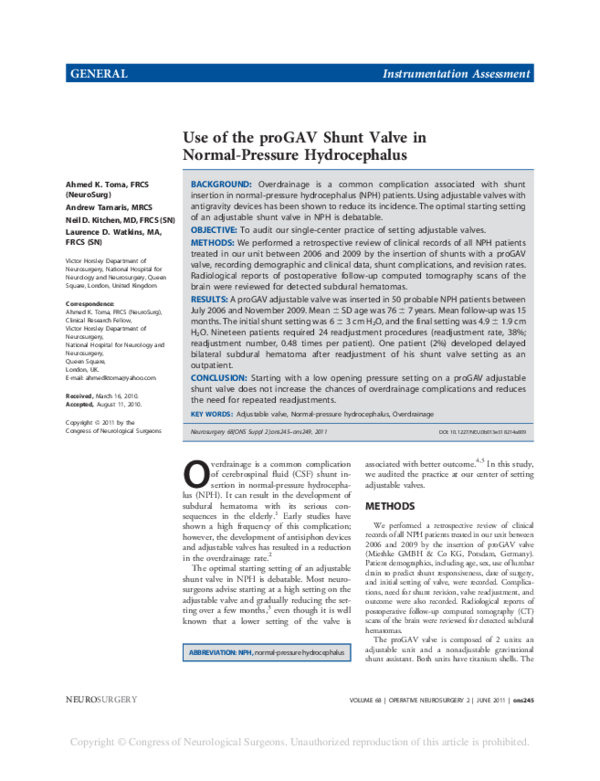 (PDF) Use of the proGAV Shunt Valve in Normal-Pressure Hydrocephalus