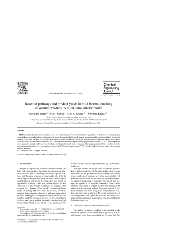 (PDF) Reaction pathways and product yields in mild thermal cracking of vacuum residues: A multi ...