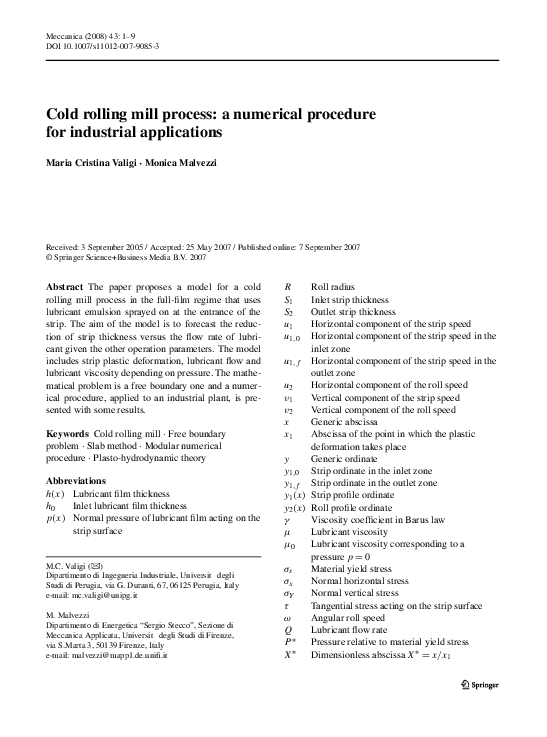 (PDF) Cold rolling mill process: a numerical procedure for industrial ...