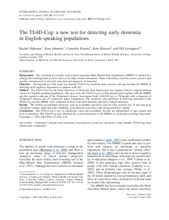 (PDF) The TE4D-Cog: a new test for detecting early dementia in English ...