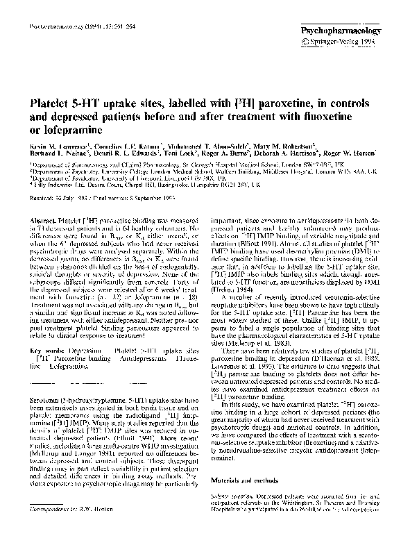 (PDF) Platelet 5-HT uptake sites, labelled with [3H] paroxetine, in ...