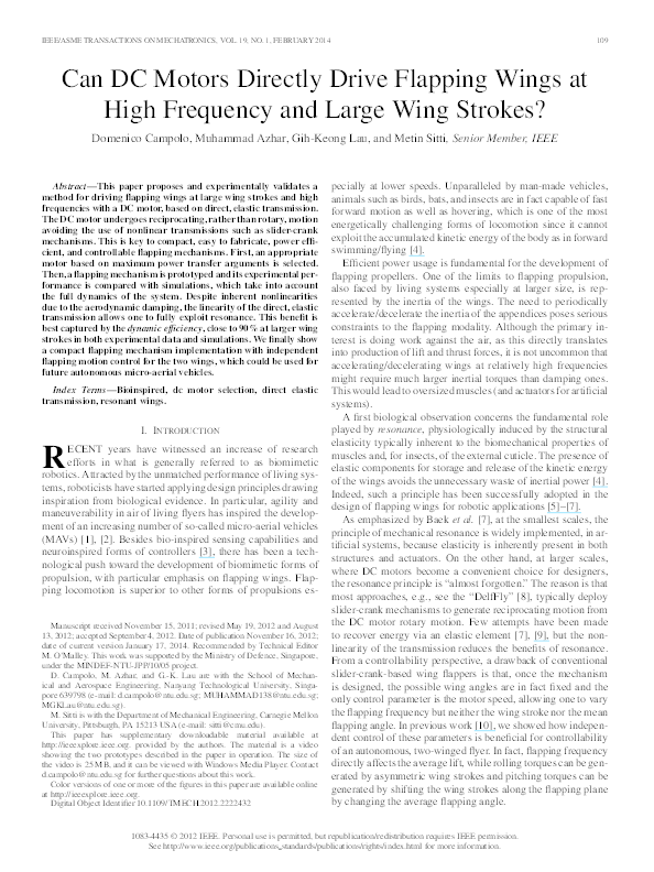 (PDF) Flapping wings via direct-driving by DC motors
