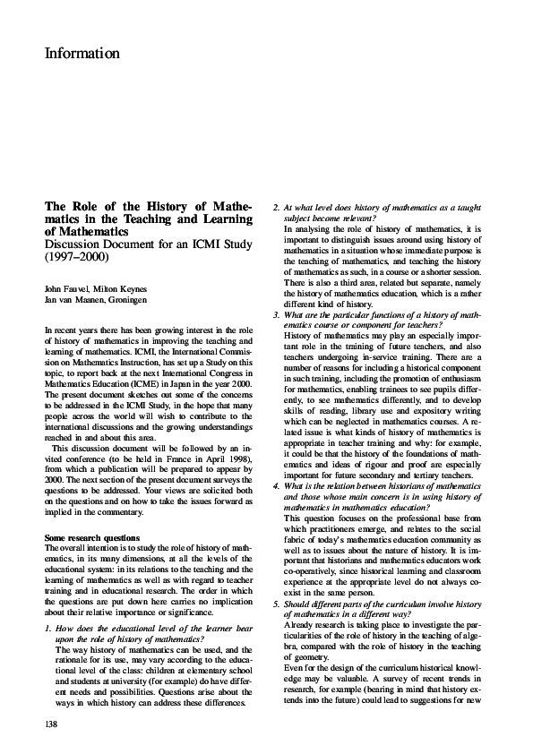 (PDF) The role of the history of mathematics in the teaching and ...