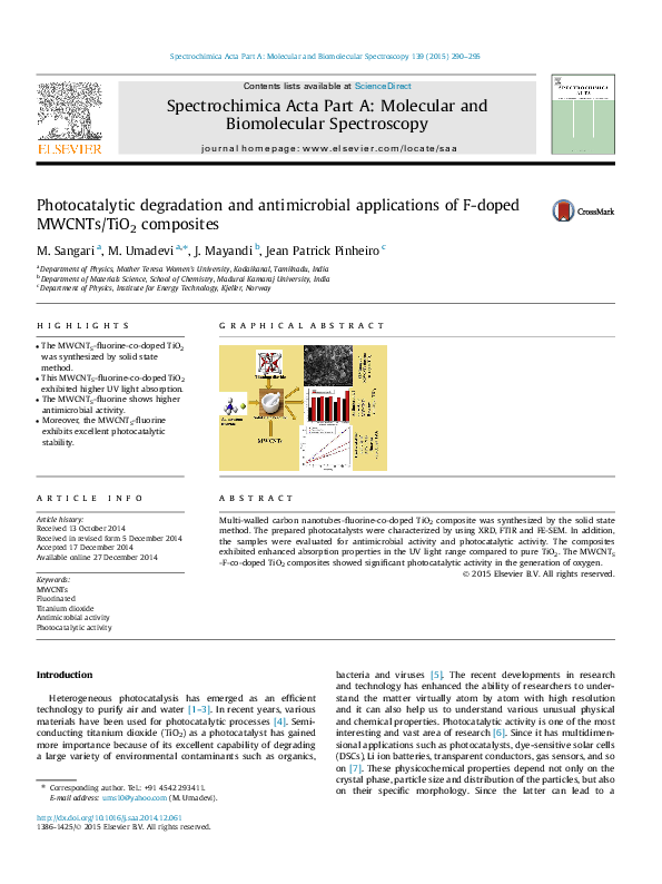 Pdf Photocatalytic Degradation And Antimicrobial Applications Of F Doped Mwcnts Tio2 Composites
