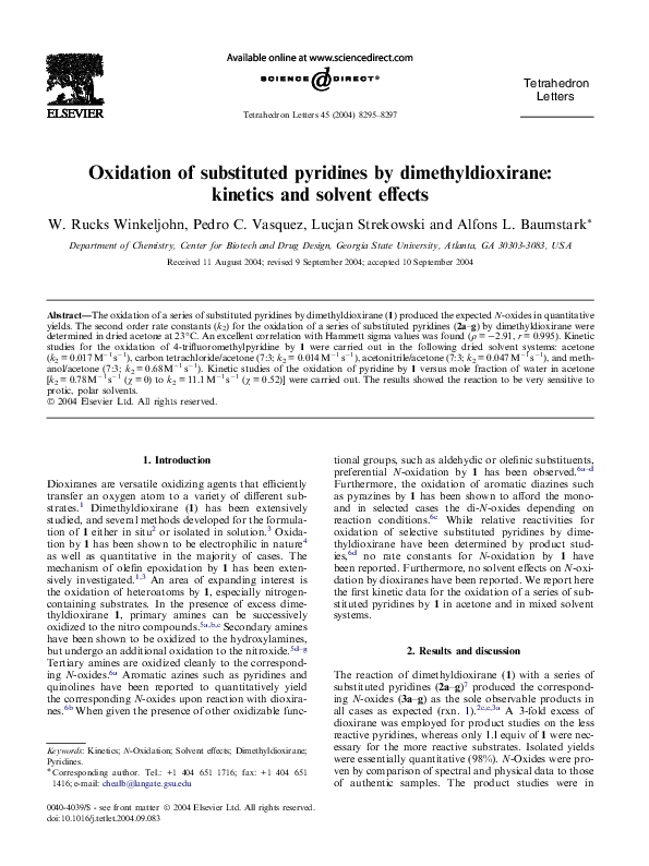 (PDF) Oxidation of Substituted Pyridines by Dimethyldioxirane: Kinetics ...