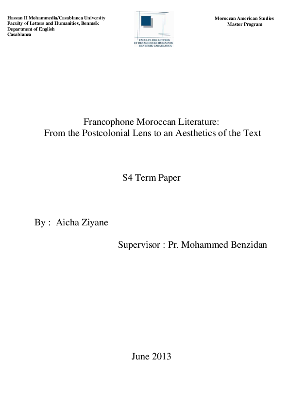 (PDF) From postcolonial lens to an aesthetics of the text | Aicha Ziane ...