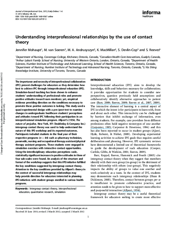 (PDF) Understanding interprofessional relationships by use of contact ...