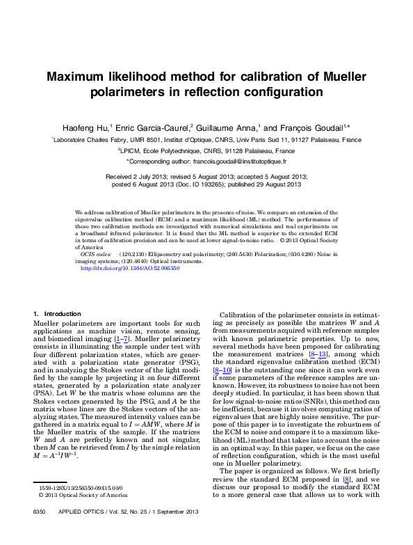 (PDF) Maximum likelihood method for calibration of Mueller polarimeters in reflection configuration