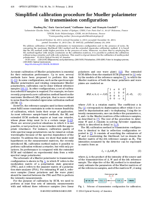 (PDF) Simplified calibration procedure for Mueller polarimeter in ...
