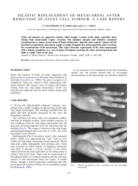 (PDF) Silastic Replacement of Metacarpal After Resection of Giant Cell ...