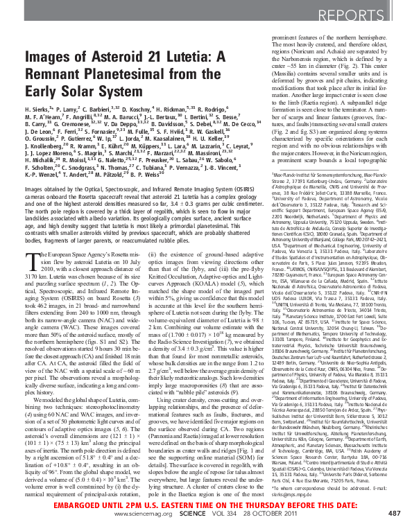 (PDF) Images of Asteroid 21 Lutetia: A Remnant Planetesimal from the ...
