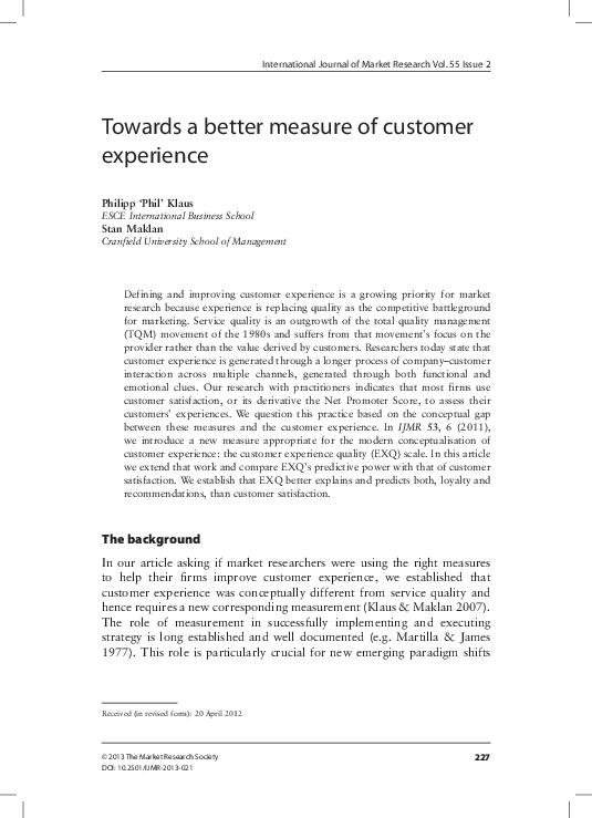 (PDF) Towards a better measure of customer experience