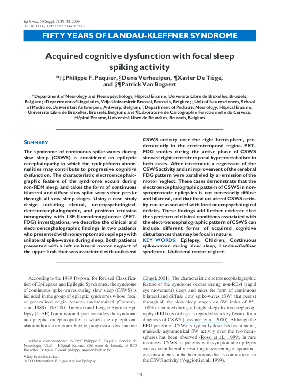 (PDF) Acquired cognitive dysfunction with focal sleep spiking activity