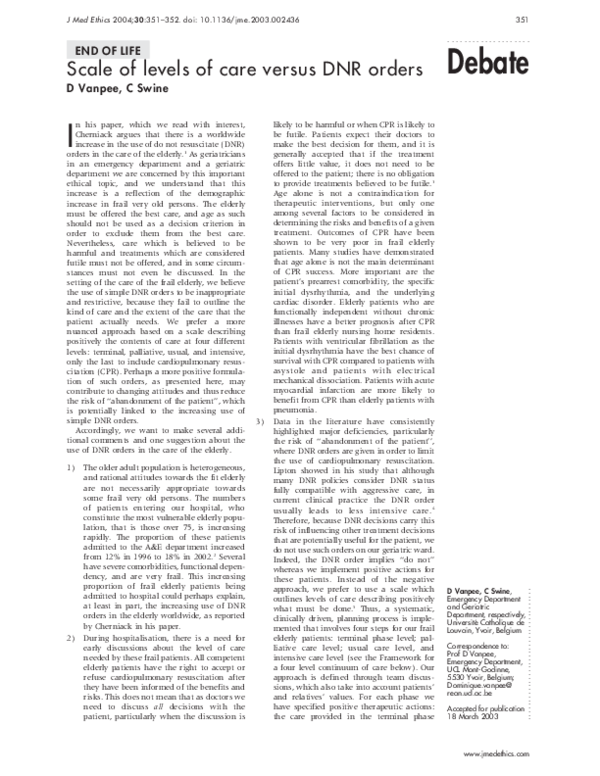 (PDF) Scale of levels of care versus DNR orders